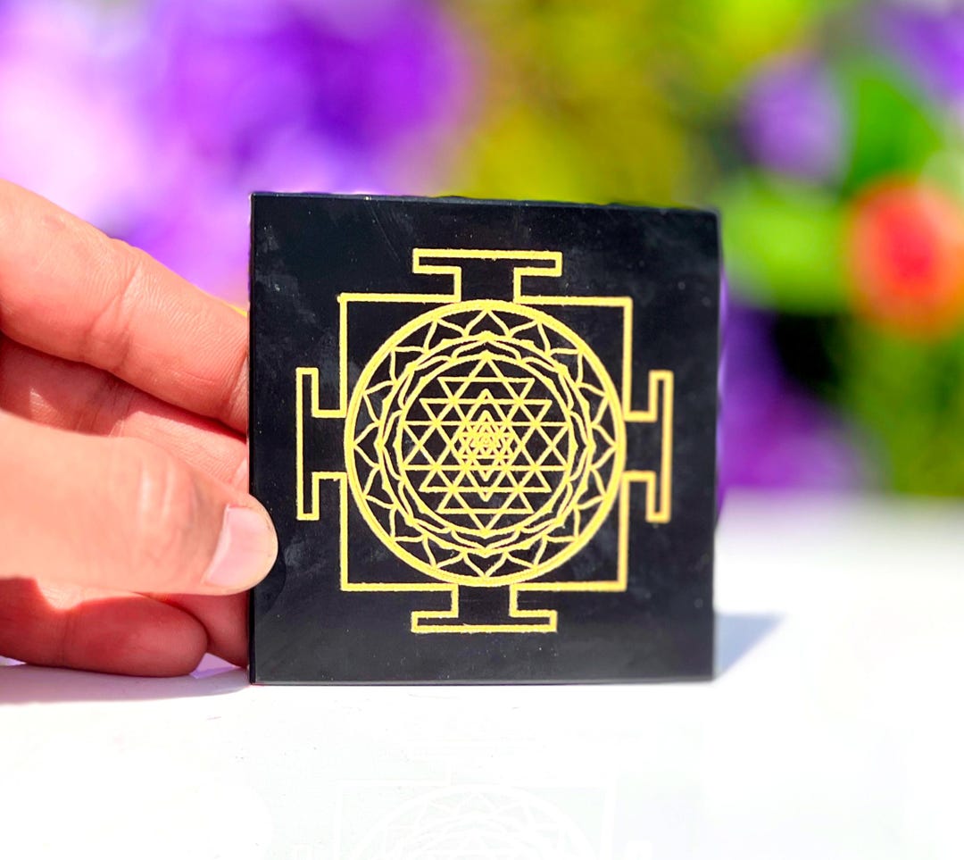 Black Obsidian Shri Yantra Engraved Etched Crystal Plate,black Obsidian ...