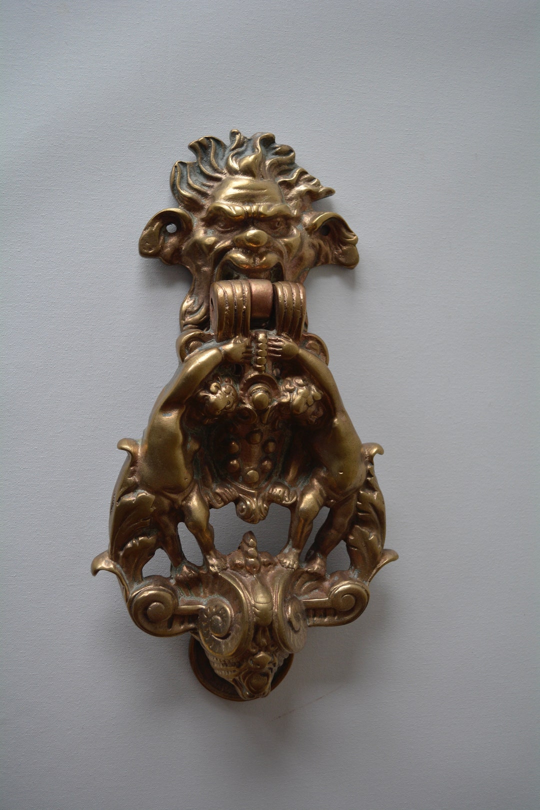 Antique Big Italian/french Gothic Grotesque Gargoyle & Cherubs Brass ...