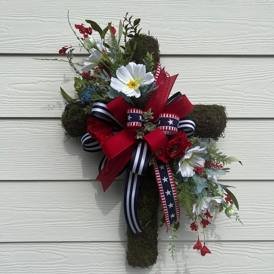 Moss Cross With Red, White and Blue Flowers, Memorial Wall Decoration ...