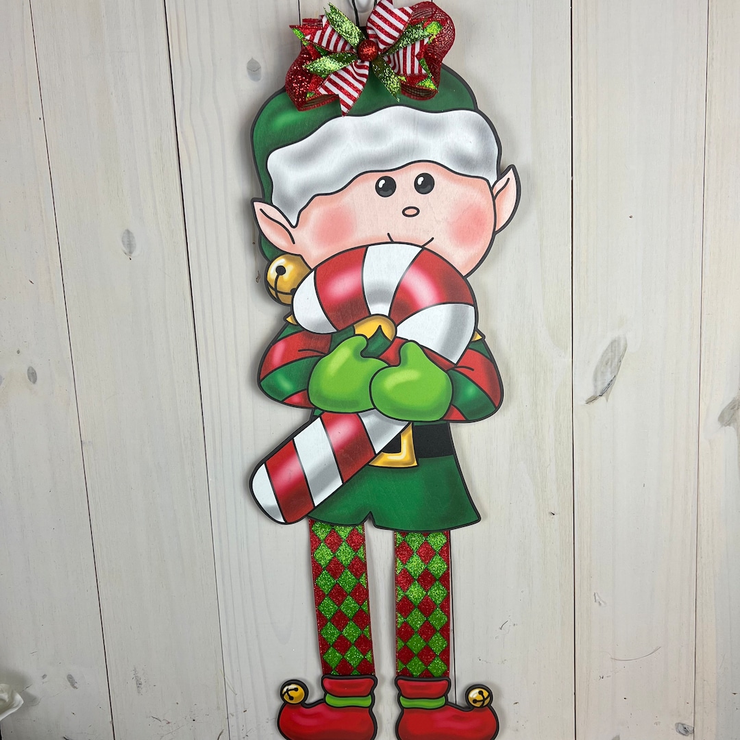 Santas Elf Christmas Door Hanger, Elf Design, Red and Green Holiday ...