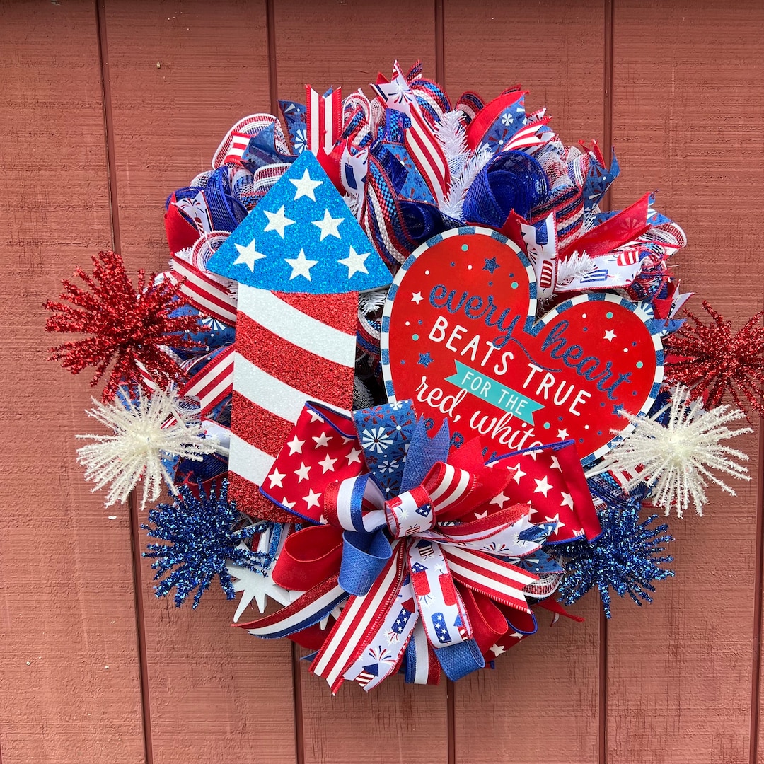 Patriotic Wreath With Firecrackers and Fireworks, Red White and Blue ...