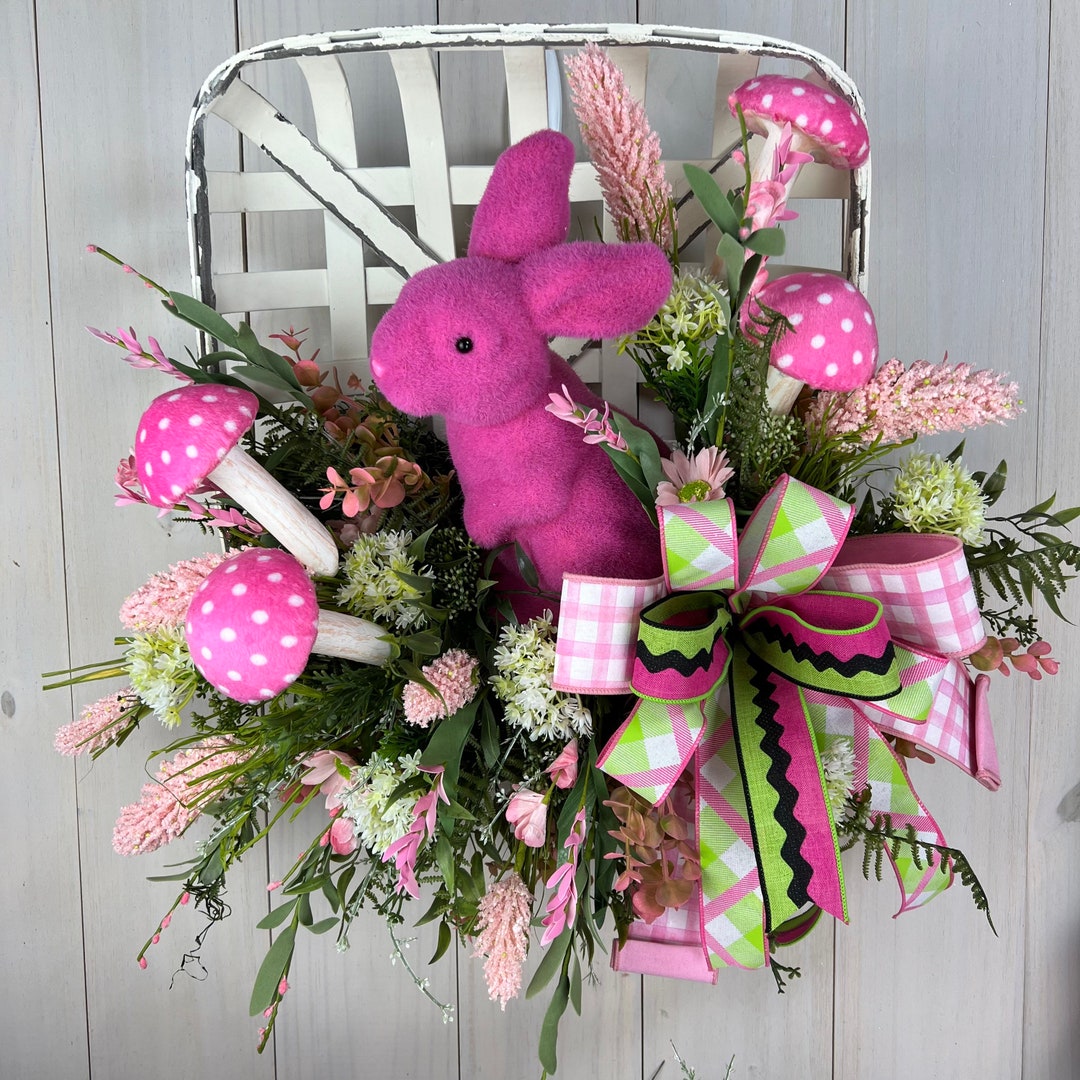 Pink Bunny With Florals and Mushrooms Easter Wall Decoration, Spring ...