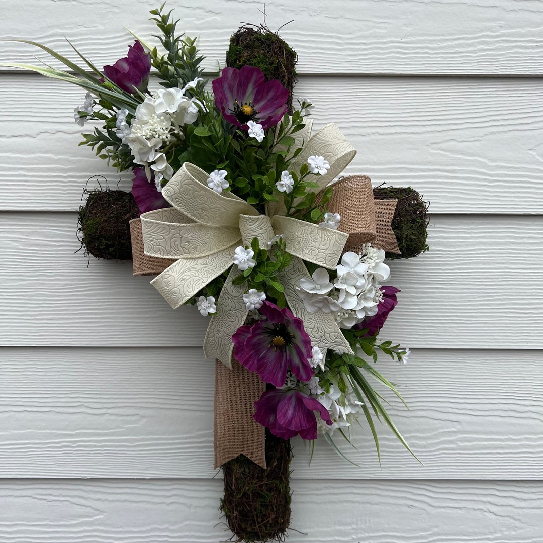 Moss Cross in Purple and Cream Flowers, Religious Wall Decoration ...
