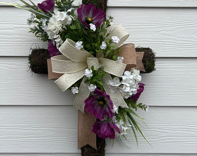 Moss Cross in Purple and Cream Flowers, Religious Wall Decoration ...