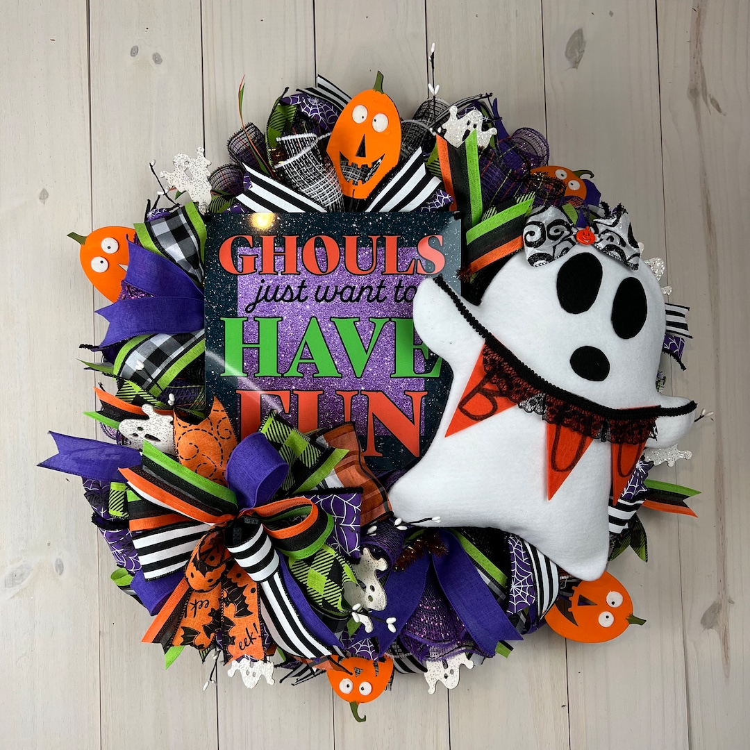 Halloween Wreath With Ghost and Ghouls, Whimsical Front Porch ...