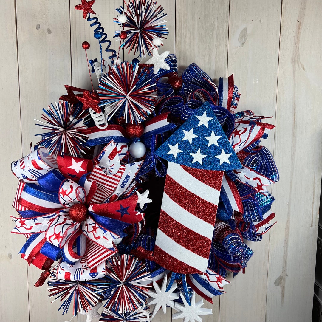 Patriotic Wreath With Firecrackers and Fireworks, Memorial Day Wreath ...