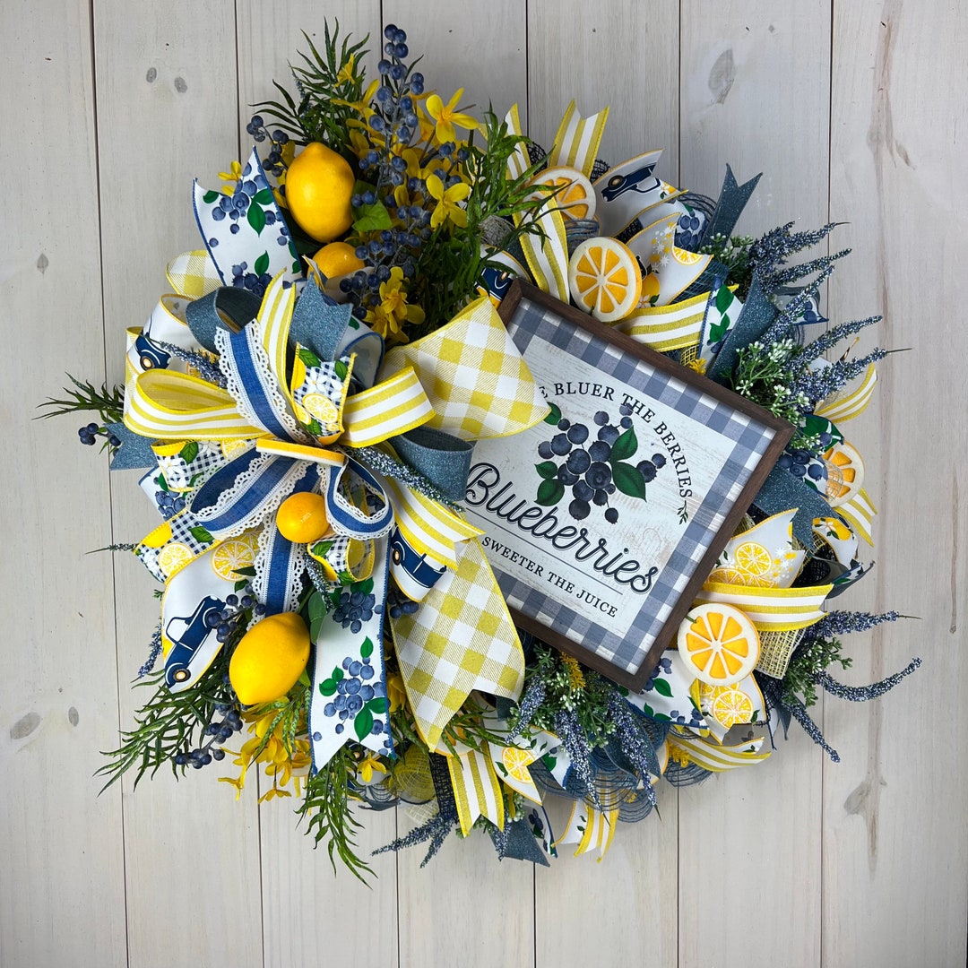 Blueberry and Lemon Wreath, Yellow and Blue Spring Floral Wreath, Lemon ...