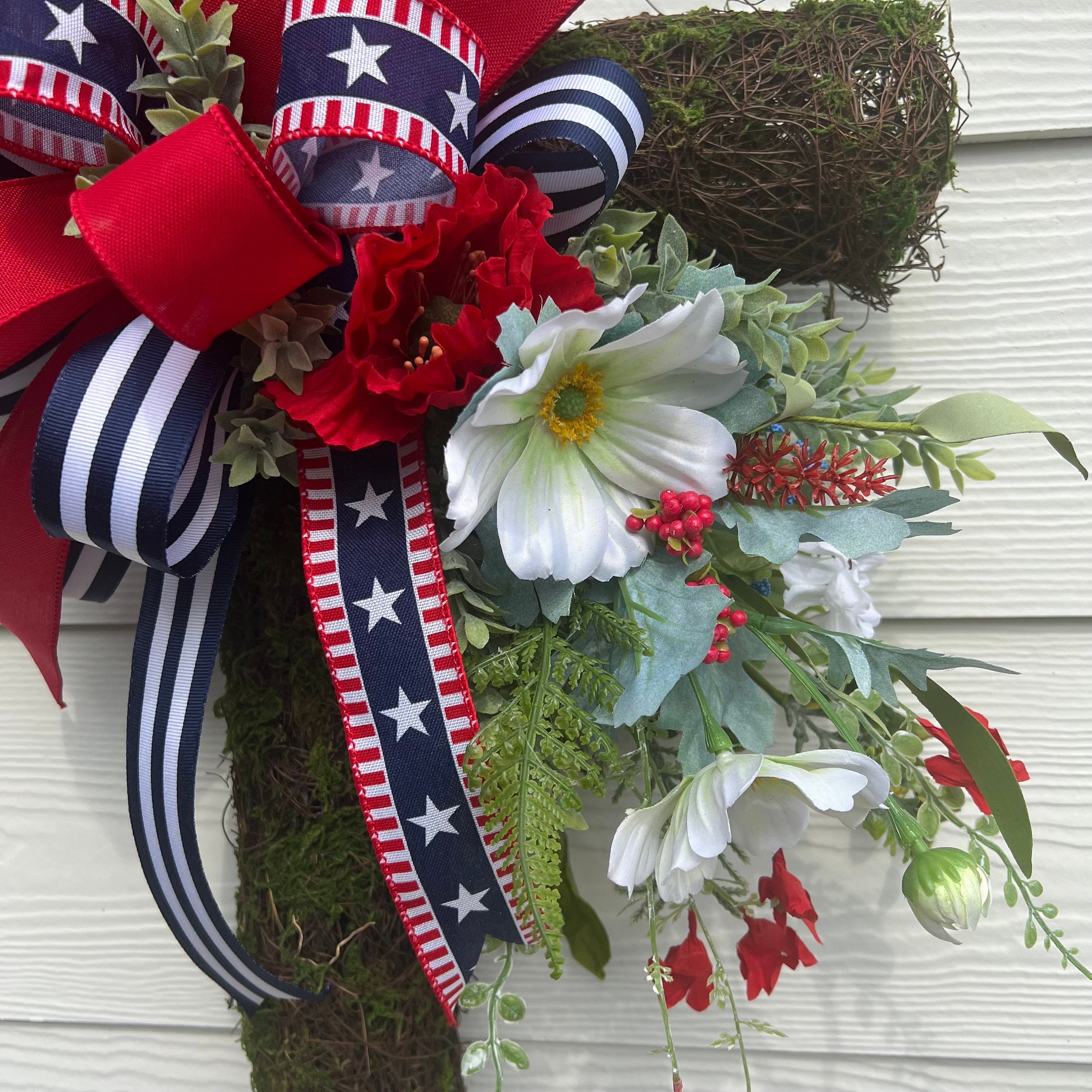 Moss Cross With Red, White and Blue Flowers, Memorial Wall Decoration ...
