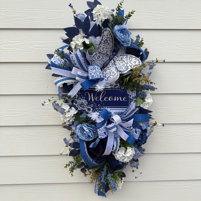 Blue Chinoisserie Butterfly Door Swag, Blue and White Door Decor ...
