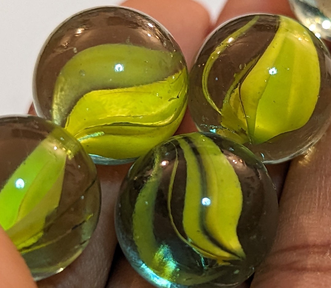 Yellow Swirl Encrusted Marbles Cat's Eye Marbles Green Tint Base Glass ...