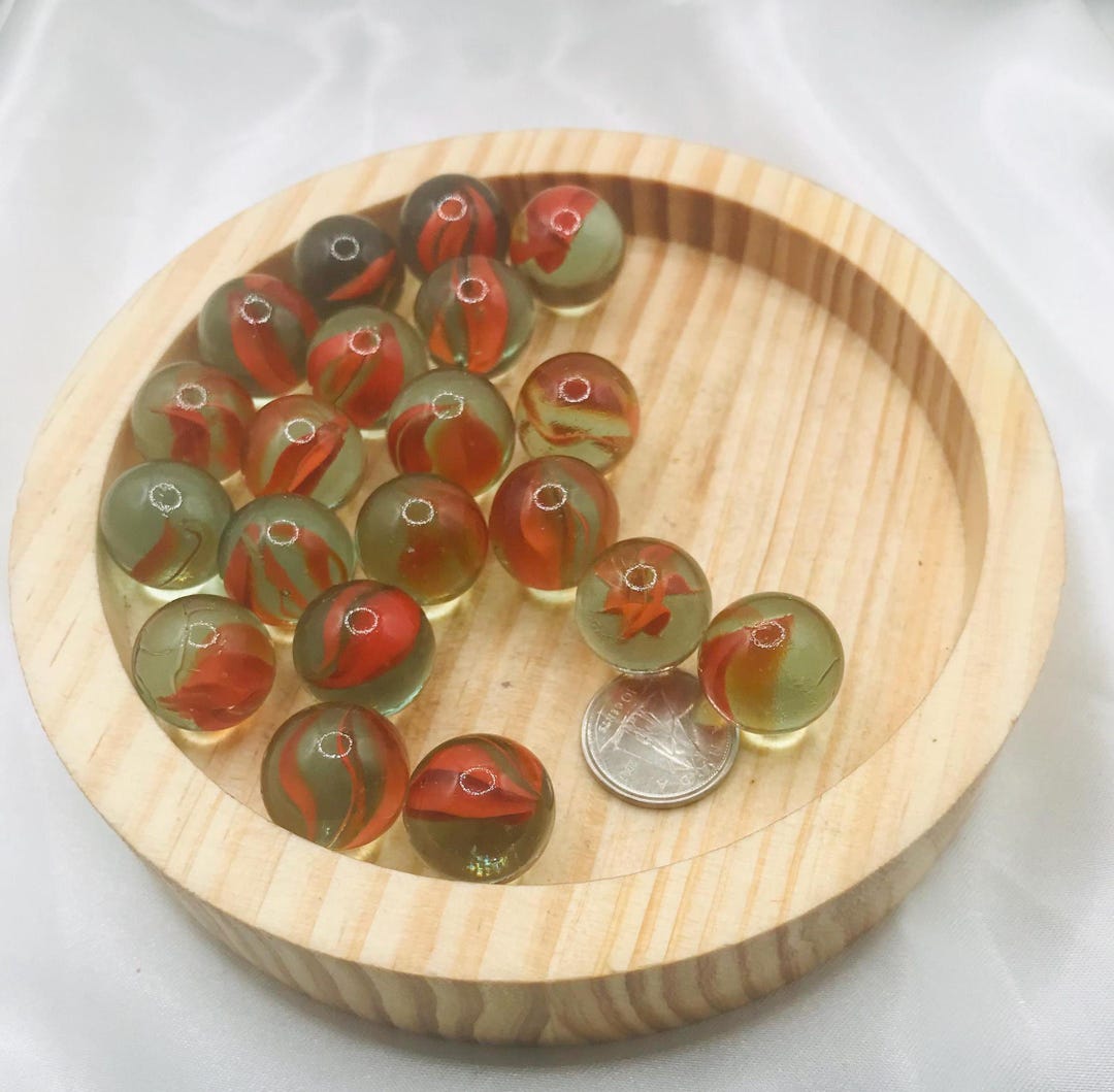 ORANGE Swirl Marbles - Antique Green Tint Base Glass Spheres - Vintage ...