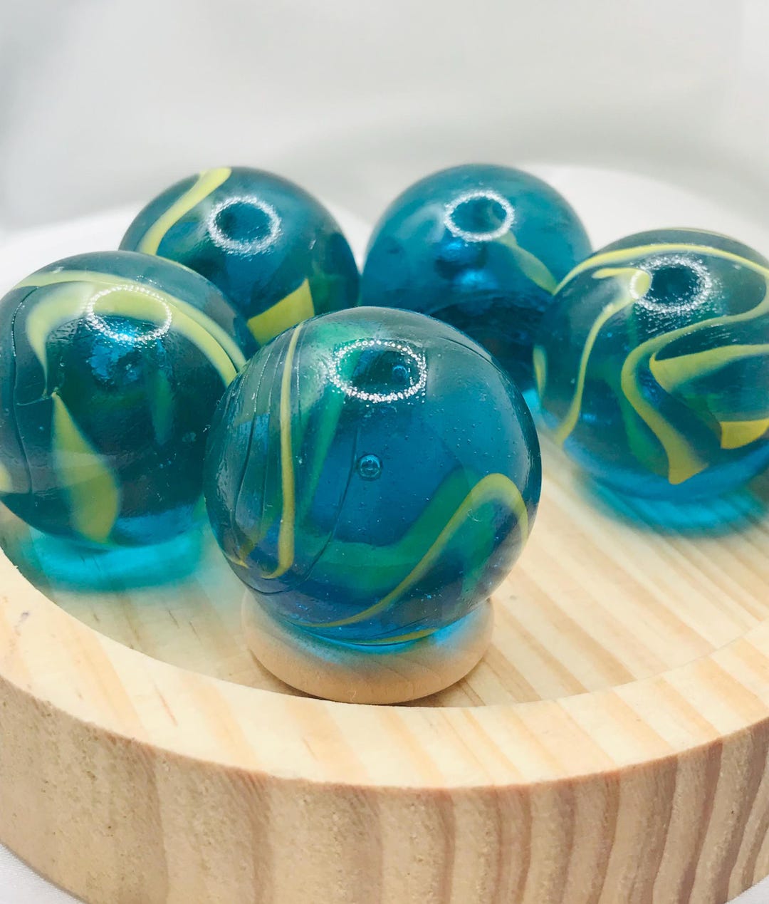 BLUE Swirl YELLOW Glass Marble - 35mm Turquoise Blue Tint Base Glass ...