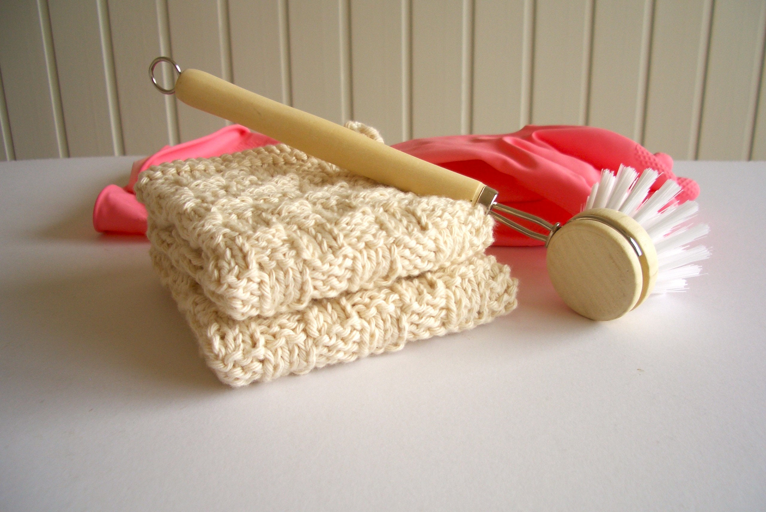 Set of 2 Hand Knitted Cotton Dishcloths – Natural Cream Basketweave (7 ...