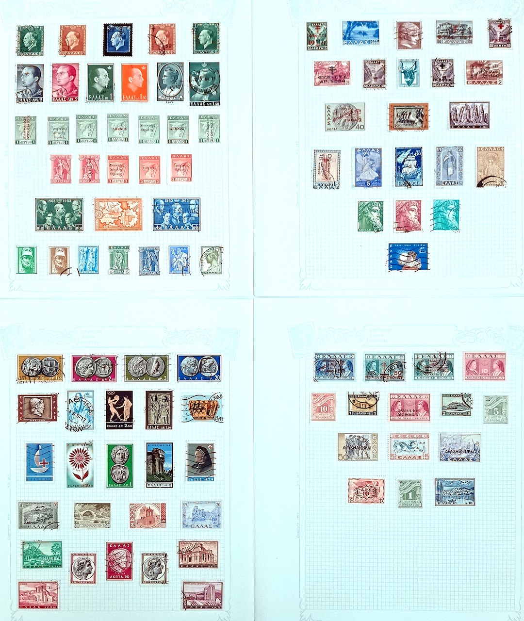Collection of Greek Greece Hellas Stamps on Four Album Pages - All ...