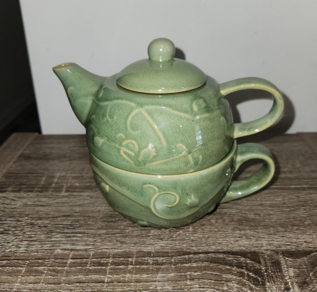Pier 1 Tea One 3 Pc. Stoneware Teapot & Cup Set Raised Design Sage ...