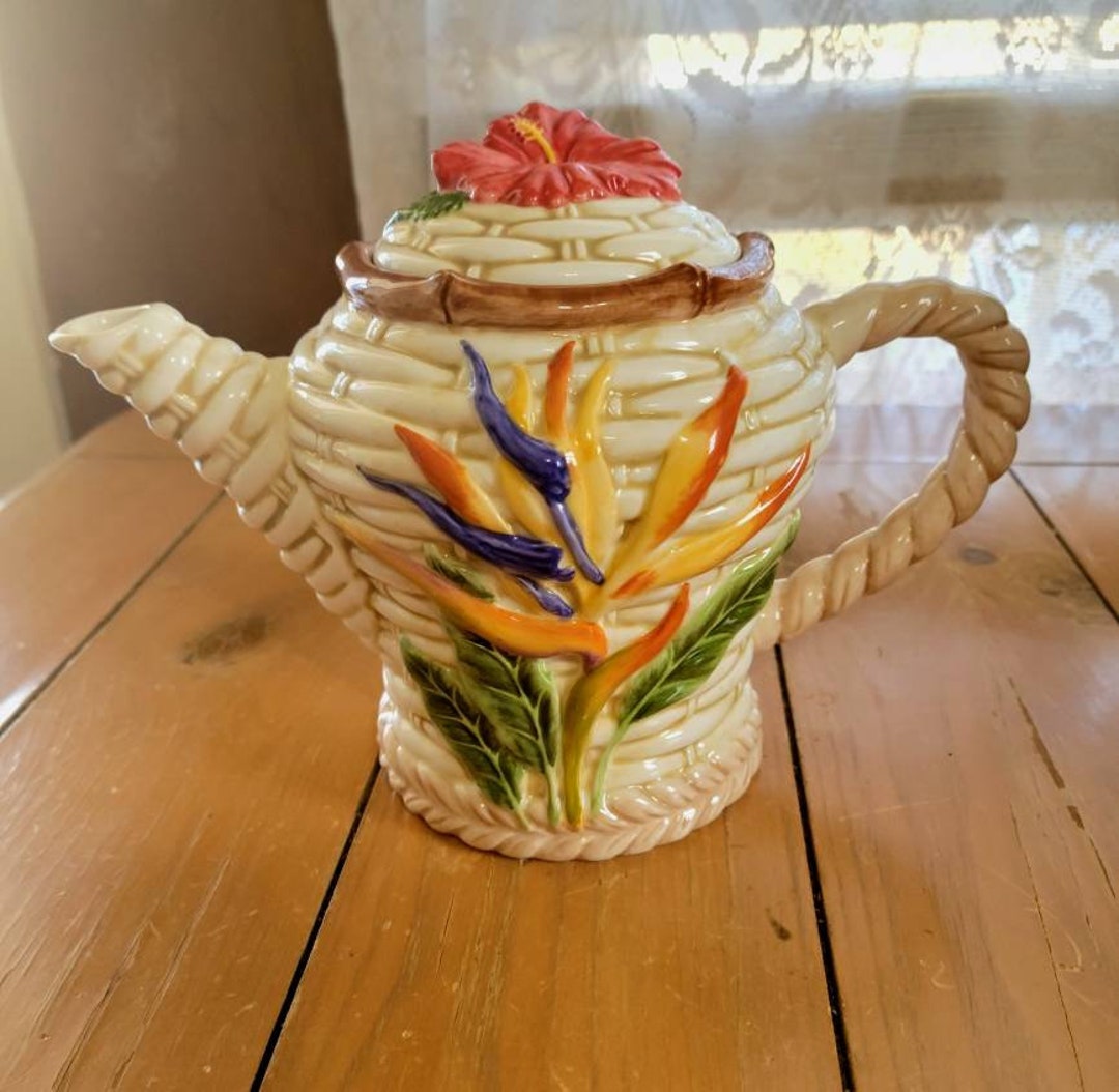 Bella Casa Green and Red Flowers Teapot With Lattice Work Its a ...