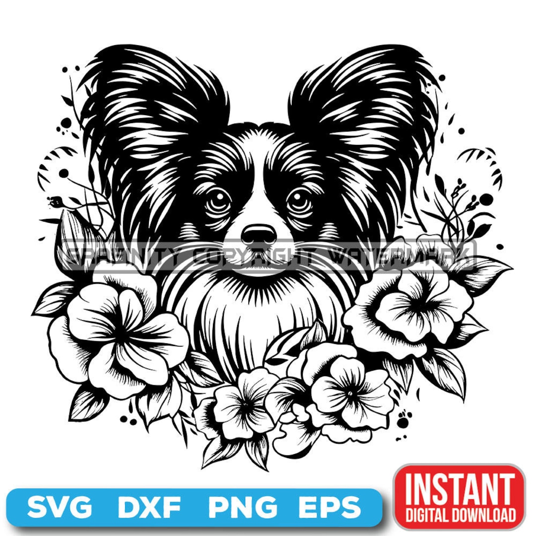 Papillon Dog SVG, Clipart, Papillon Mixed With Florals Vector Art ...
