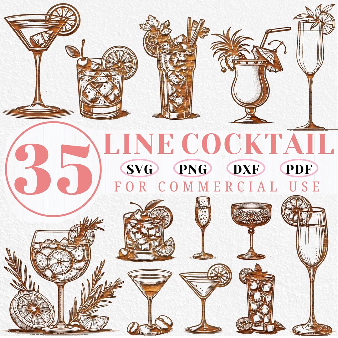 Cocktail Glass Laser SVG Bundle: 35 Line Drink DXF Barware Cut Files ...