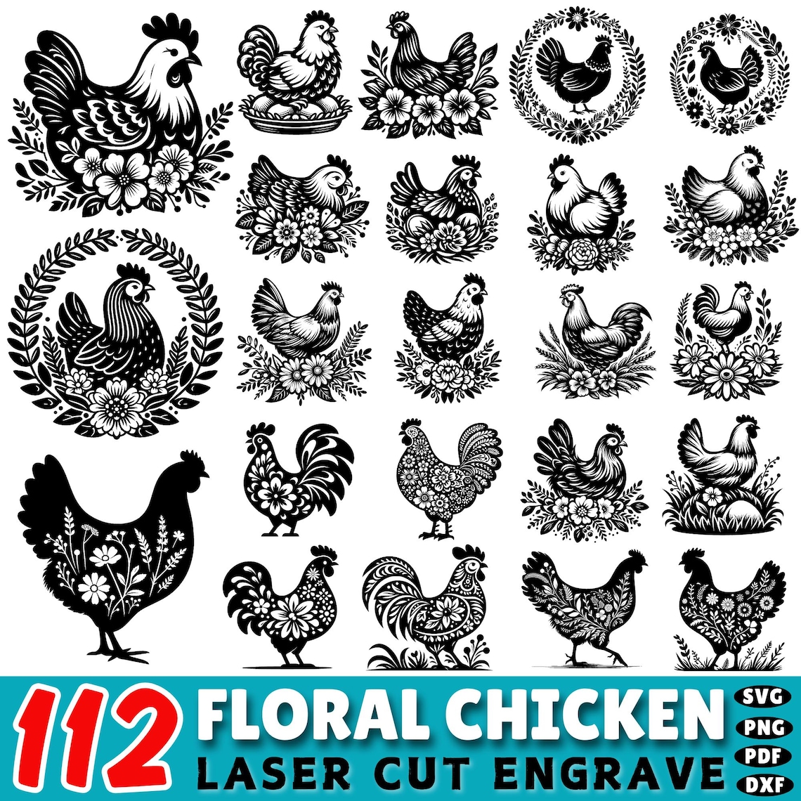 Laser Engraving Files 112 Floral Chicken Dxf Bundle | Flower Hen ...