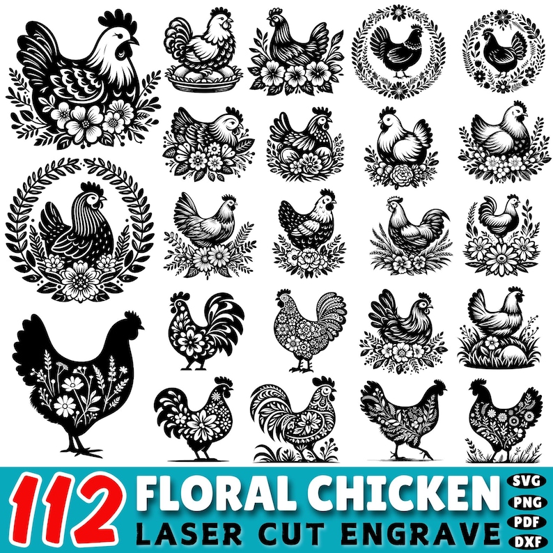 Laser Engraving Files 112 Floral Chicken Dxf Bundle | Flower Hen ...
