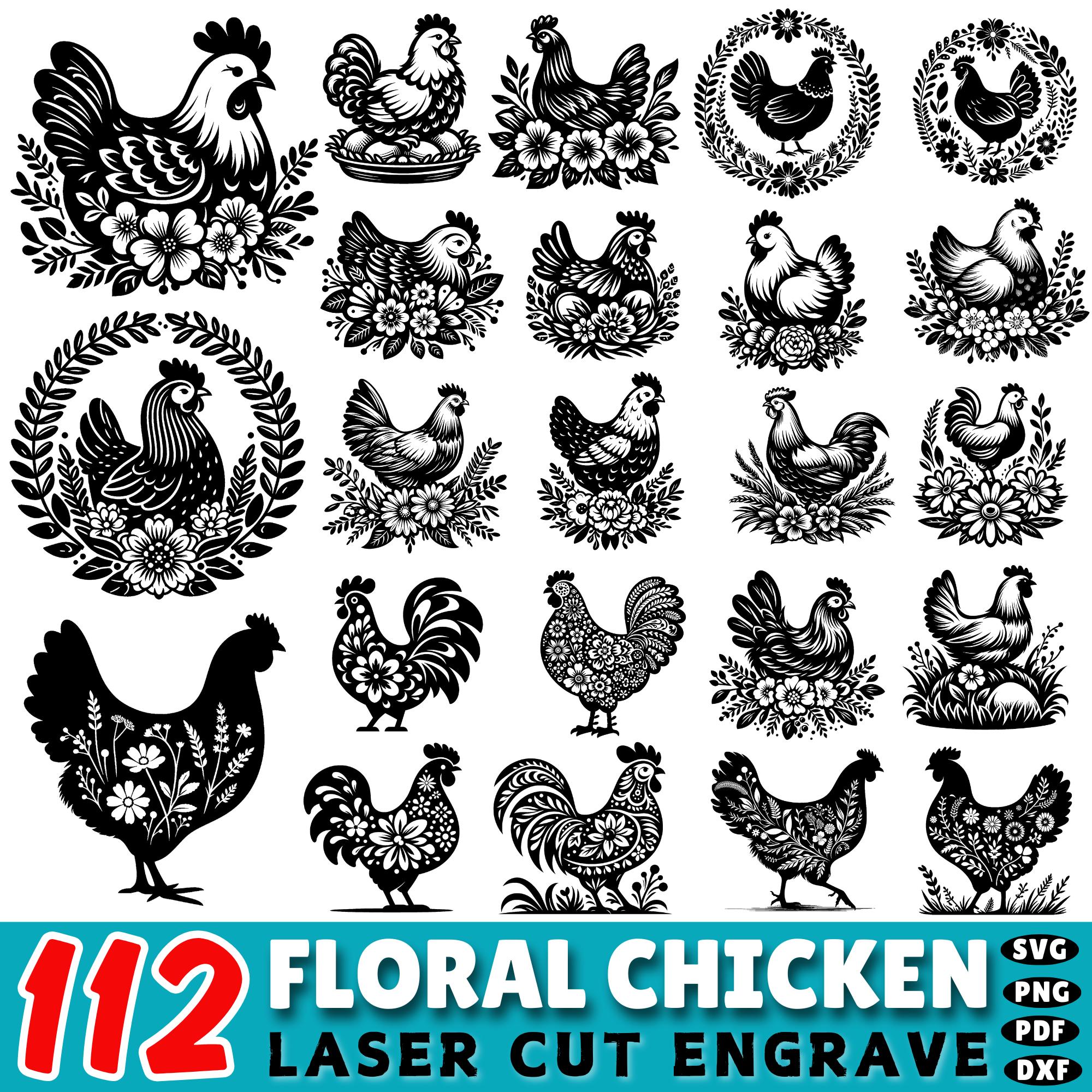 Laser Engraving Files 112 Floral Chicken Dxf Bundle | Flower Hen ...