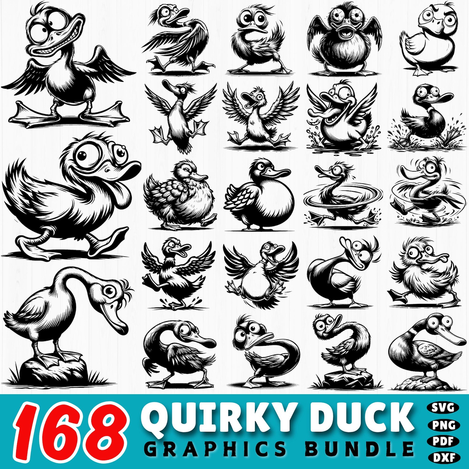 168 Quirky Duck SVG Bundle: Funny Duck Clipart, Cartoon Bird Line Art ...