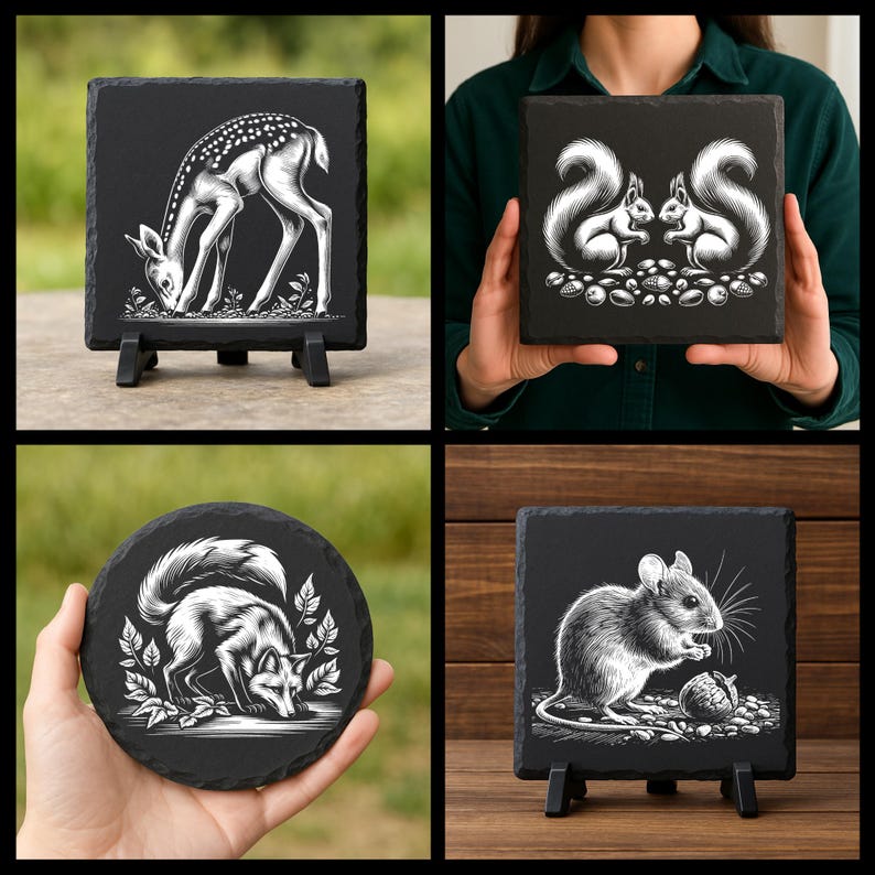 Woodland Animal Slate Coaster PNG Bundle: Engraving Files (digital ...