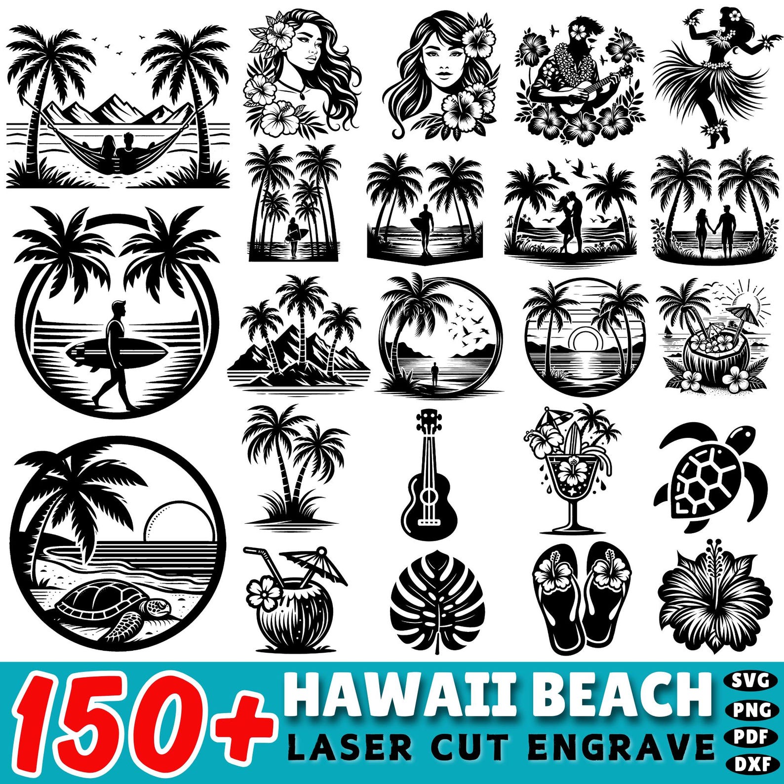 Laser Engraving Files 150+ Hawaii Beach DXF Bundle | Palm Tree, Sunset ...