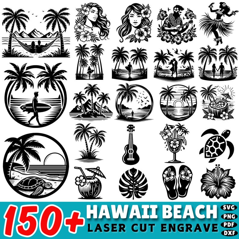 Laser Engraving Files 150+ Hawaii Beach DXF Bundle | Palm Tree, Sunset ...