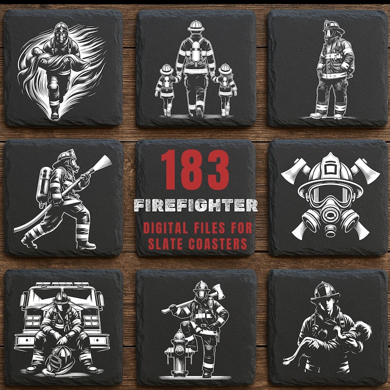 183 Fire Fighter Slate Engraving Design: Heroic Fireman Line Art ...