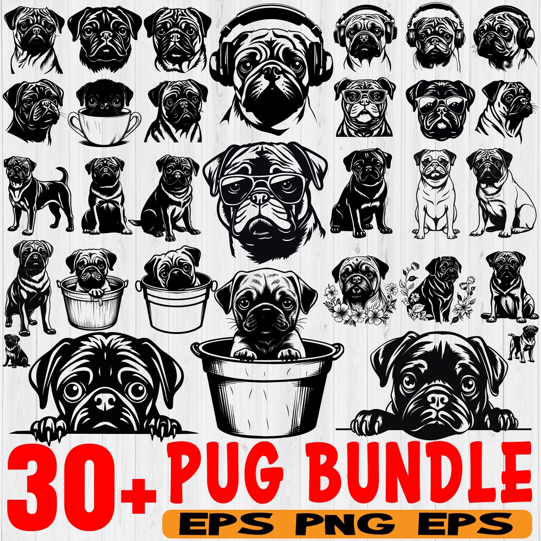 Pug Dog SVG - 30+ Pug Vector SVG Bundle Files Eps, Svg, Png - Instant ...