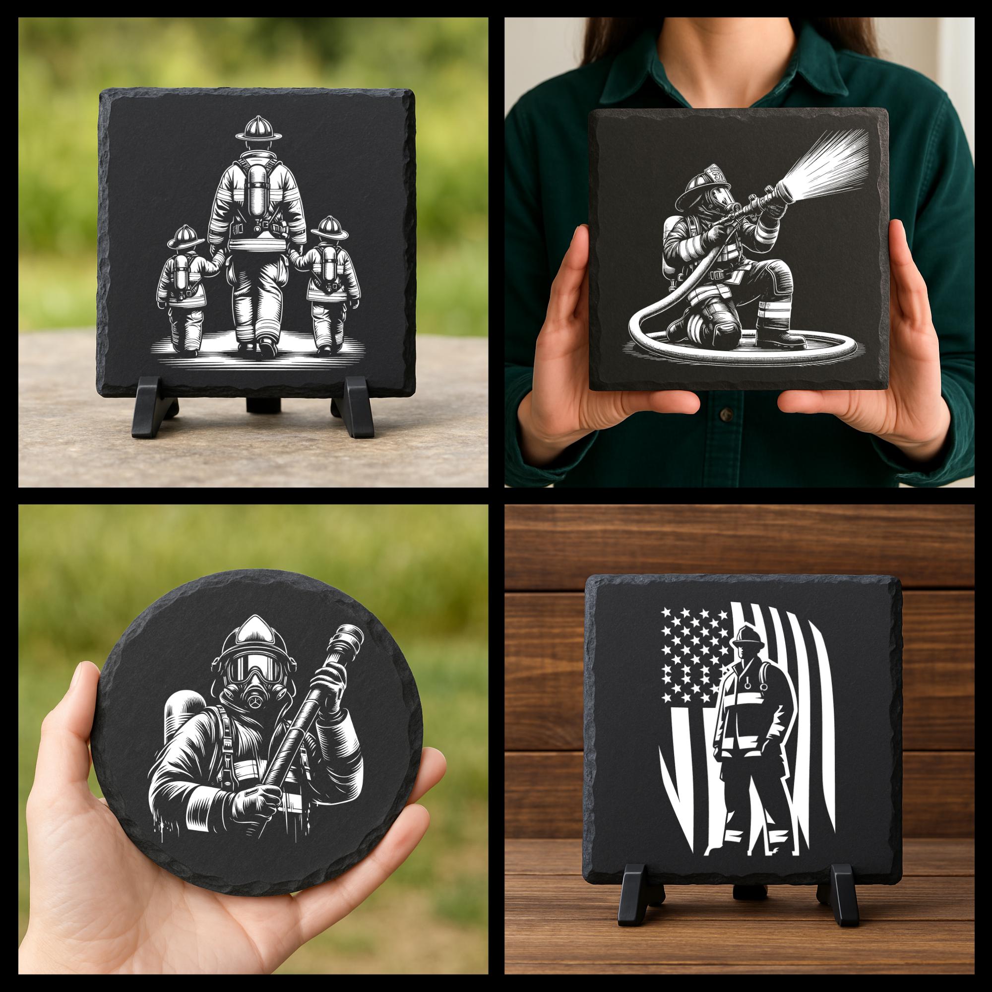 183 Fire Fighter Slate Engraving Design: Heroic Fireman Line Art ...