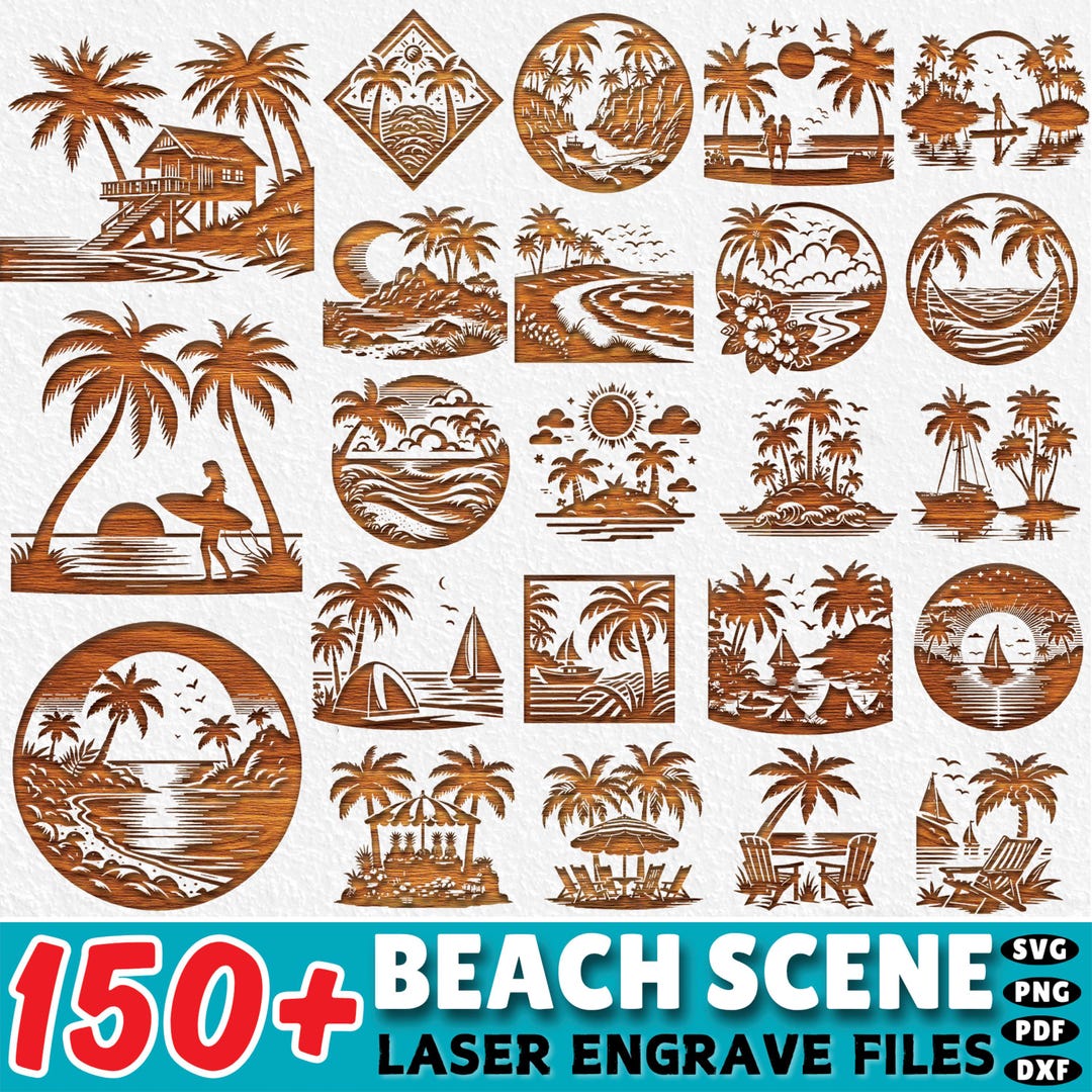 Beach Scene Laser SVG Bundle: Ocean Palm, Coastal Sunset (digital Files ...