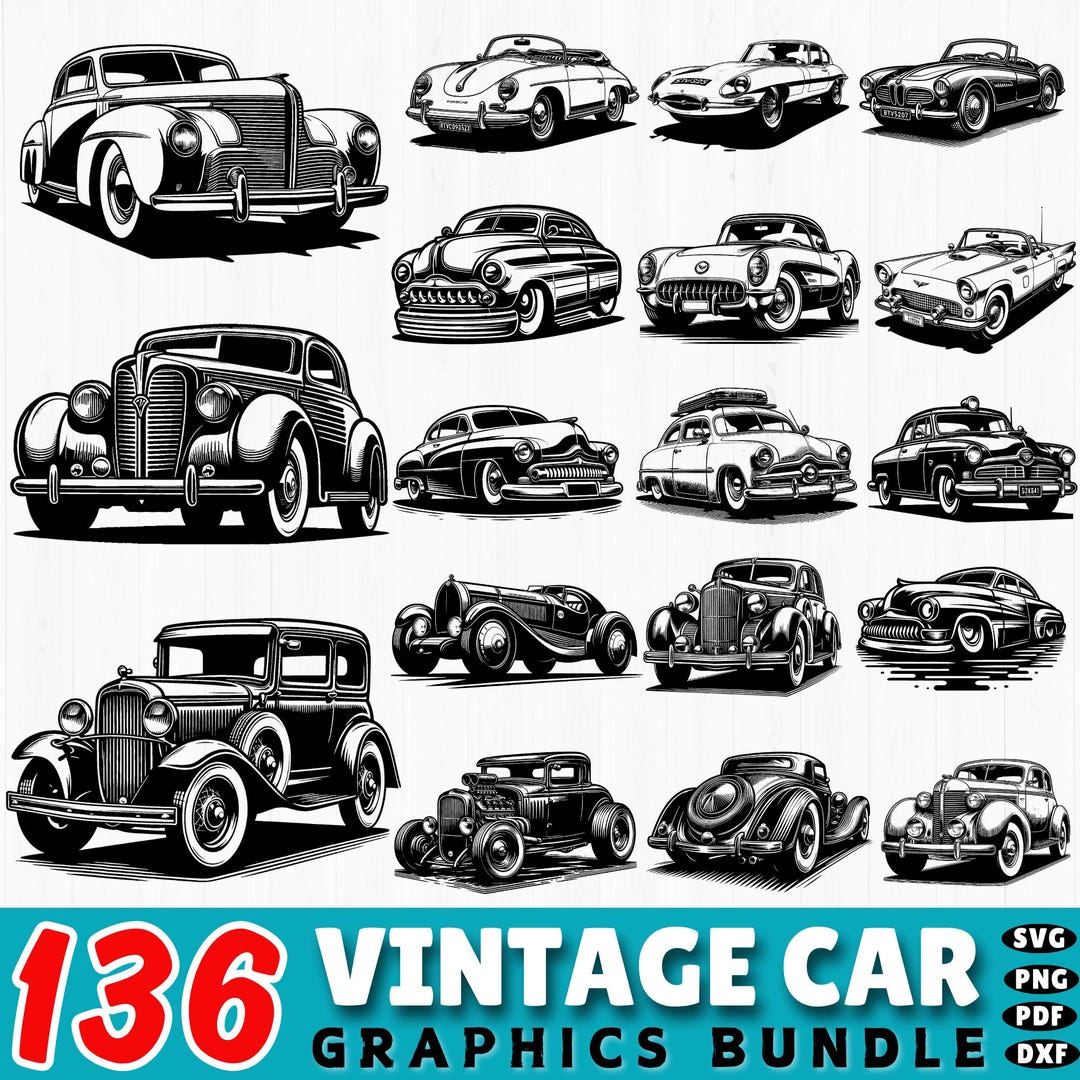 136 Classic Car SVG Bundle | Vintage Car Clipart | Retro Auto DXF Files ...