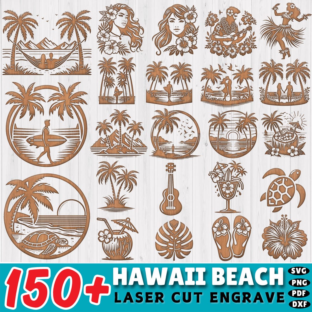Laser Engraving Files 150+ Hawaii Beach DXF Bundle | Palm Tree, Sunset ...