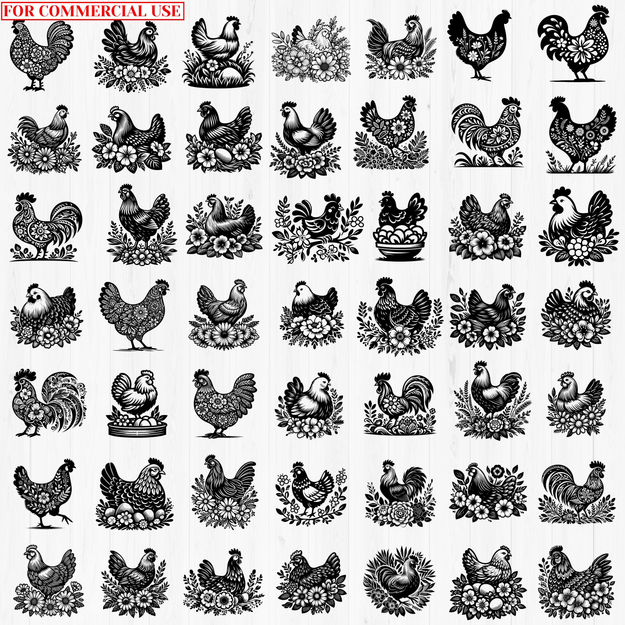 Laser Engraving Files 112 Floral Chicken Dxf Bundle | Flower Hen ...