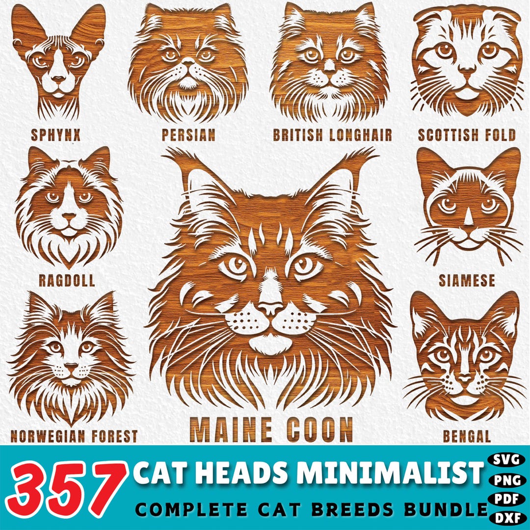 Laser Engraving Files 357 Cat Heads DXF Bundle | Minimalist Cat Face ...