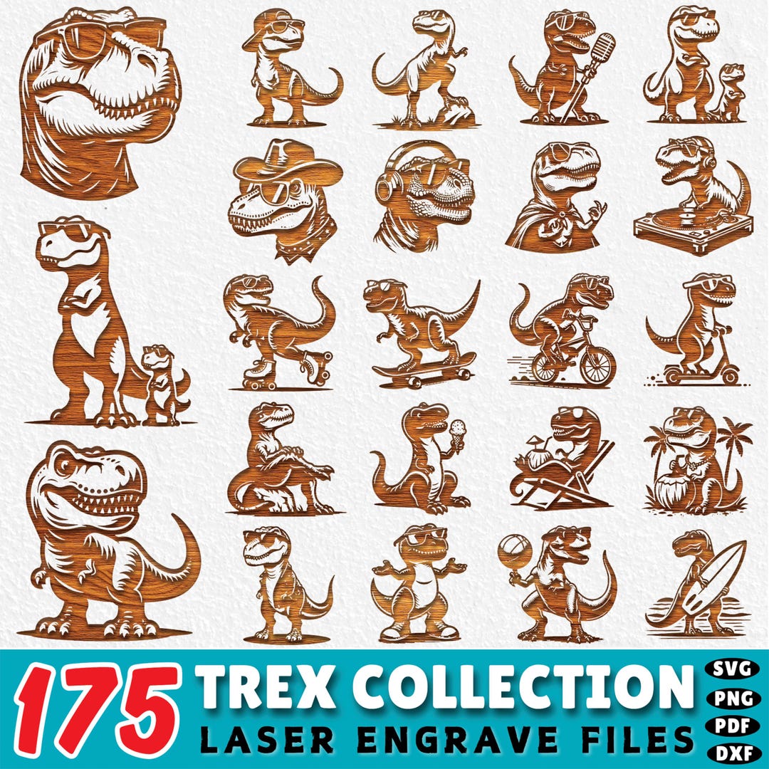 Laser Engraving Files 175 T-rex Laser Dxf Bundle | Dinosaur Cut Files ...
