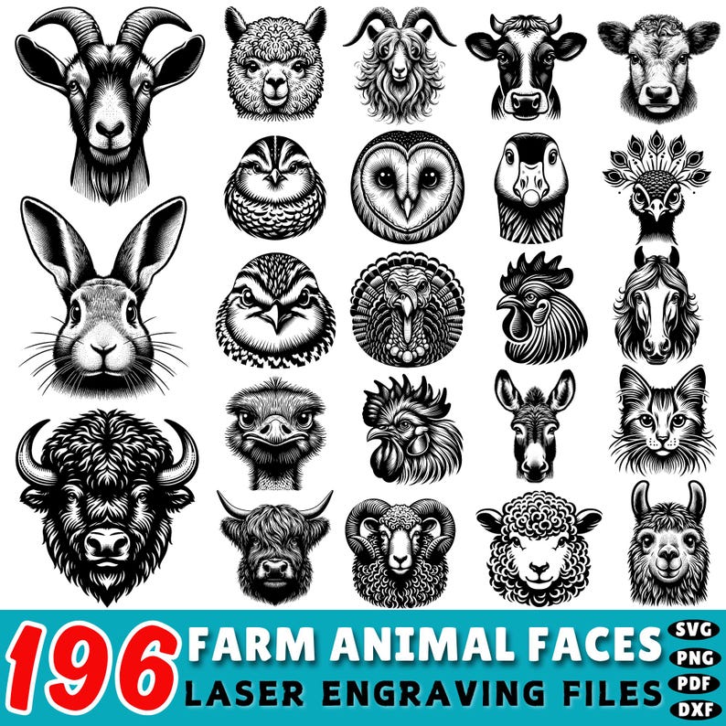 Farm Animals Faces SVG Bundle: Laser Cut Files (digital Download) - Etsy