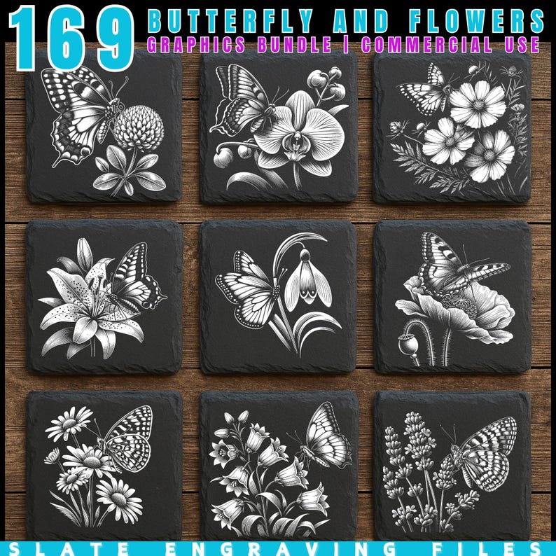169 Butterfly and Flower Slate Engraving Files: Floral Butterfly PNG ...