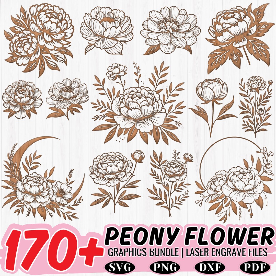 Peony Flower SVG Bundle: Laser Cut Files, Floral Outline (commercial ...