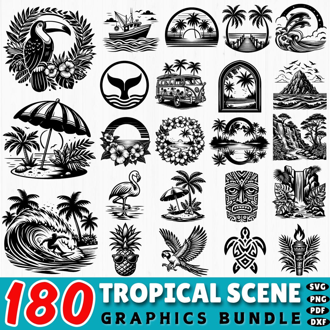 180 Tropical Scene SVG | Palm Tree Beach DXF Bundle | Sunset Summer Cut ...