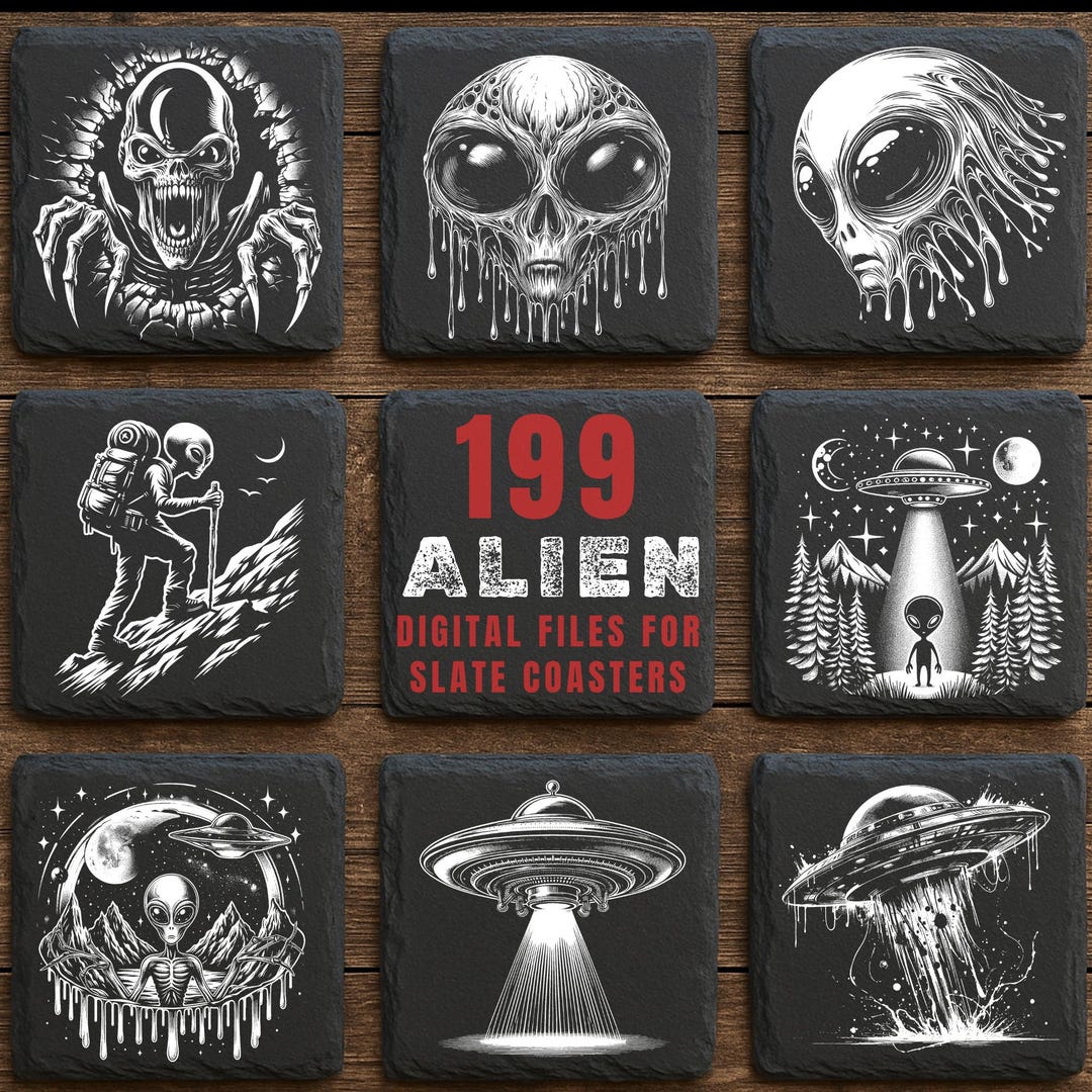 199 Alien Slate Engraving Design: Sci-fi Extraterrestrial Line Art for ...