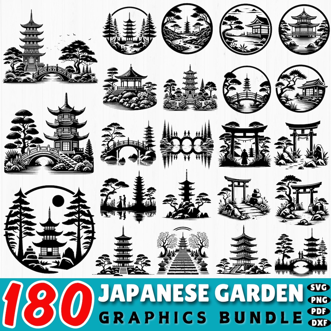 Japanese Garden SVG Bundle: Zen Landscape Clipart, Torii Gate, Bamboo ...