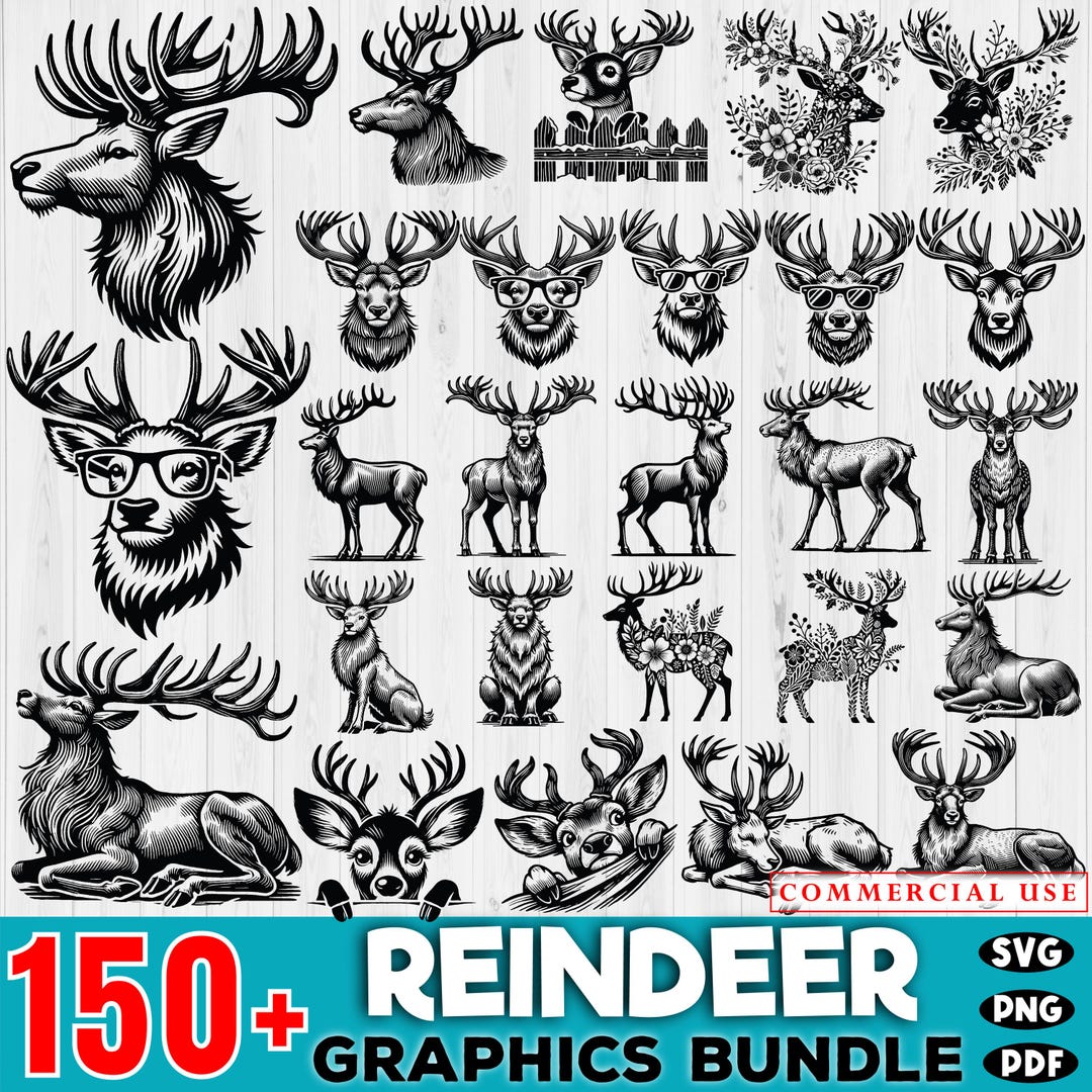 150+ Reindeer SVG Clipart Bundle: Holiday Craft Cut Files (commercial ...