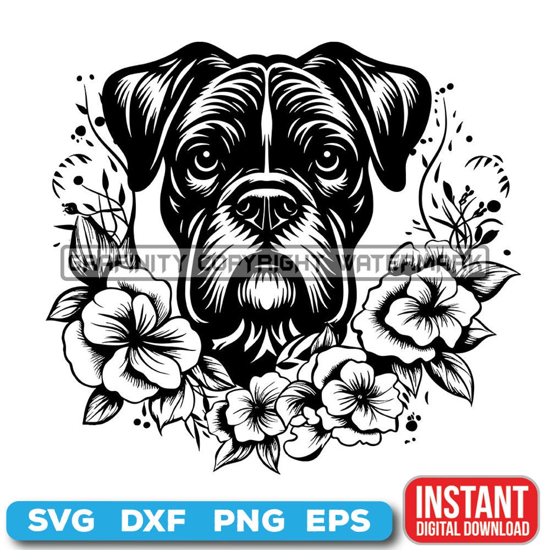 Boxer Dog SVG, Boxer Clipart, Boxer Mixed With Florals Vector Art ...