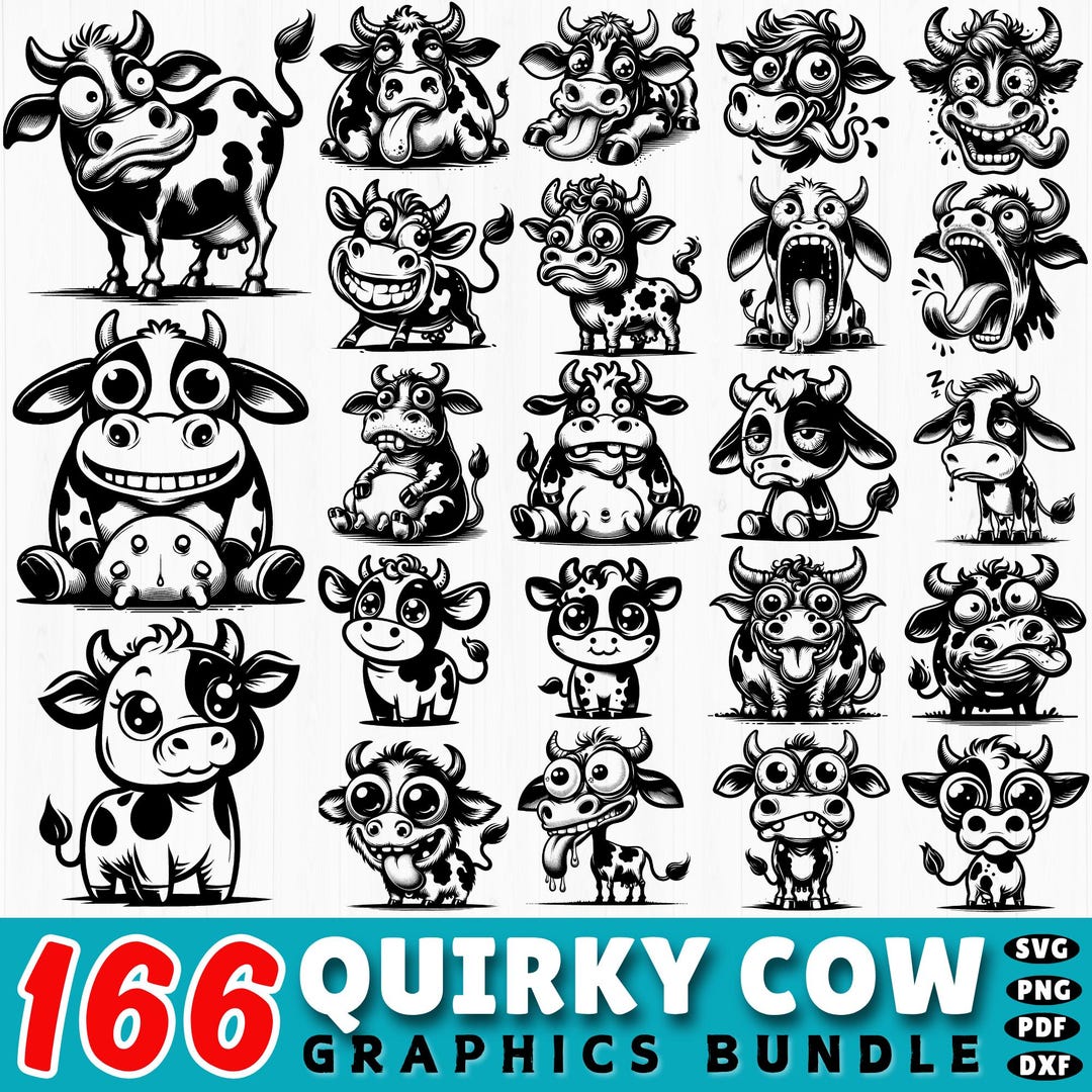 166 Quirky Cow SVG Bundle: Funny Farm Animal Clipart, Cartoon Cow Line ...