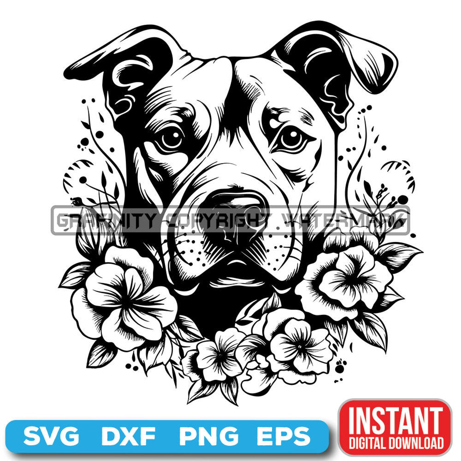 PITBULL SVG, PITBULL Clipart, Pitbull Mixed With Florals Vector Art ...