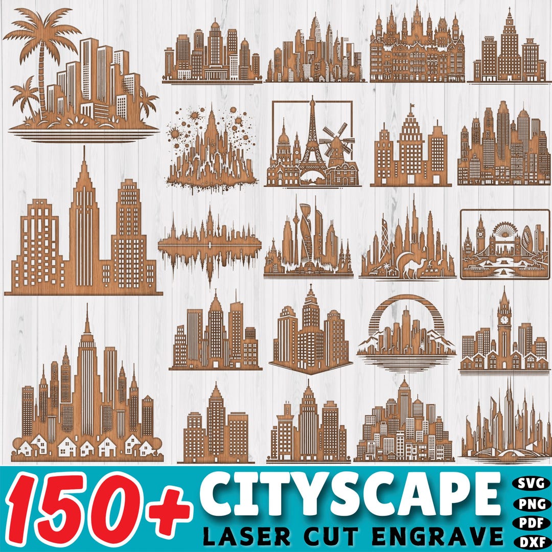 150+ Laser Engrave Cityscape DXF Bundle | Urban Skyline & Landmark Laser Cut Files | Building ...