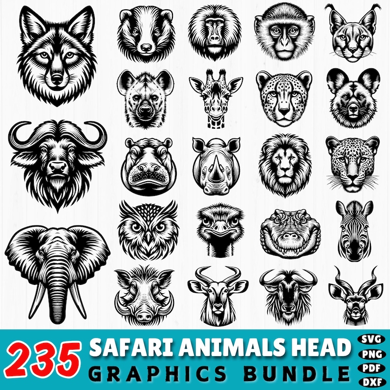 Safari Animal Head SVG Bundle: Lion, Elephant, Giraffe, Zebra (digital ...